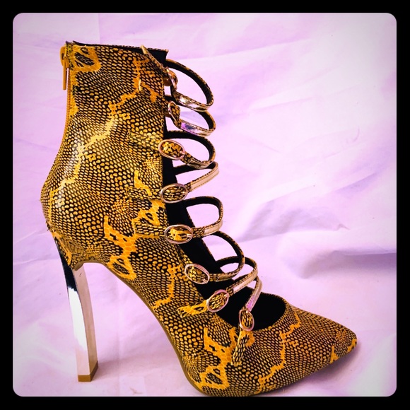 Shoes | Pointed Toe Yellow Black Snakesin Bootie Heel 1 | Poshmark